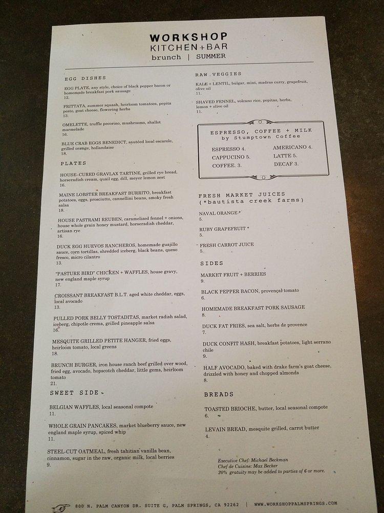 Menu at Workshop Kitchen & Bar, Palm Springs