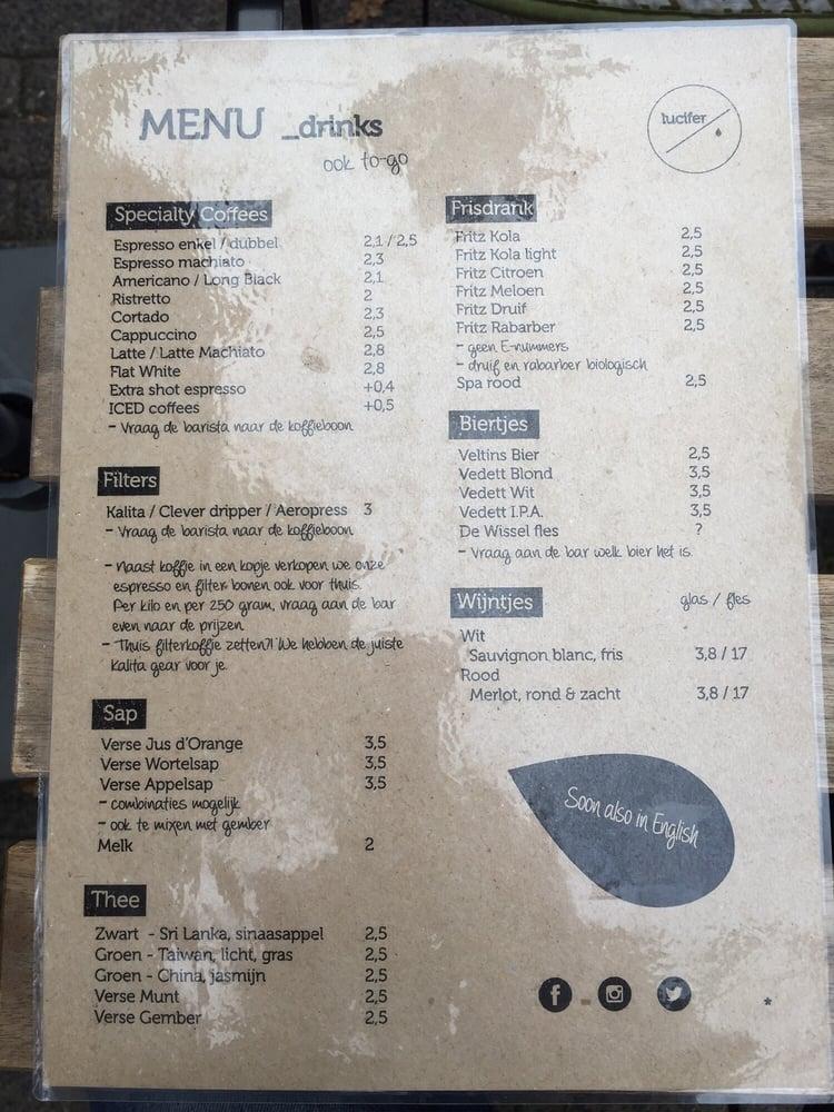 Menu at Lucifer Coffee Roasters BAR kleine berg 47, Eindhoven