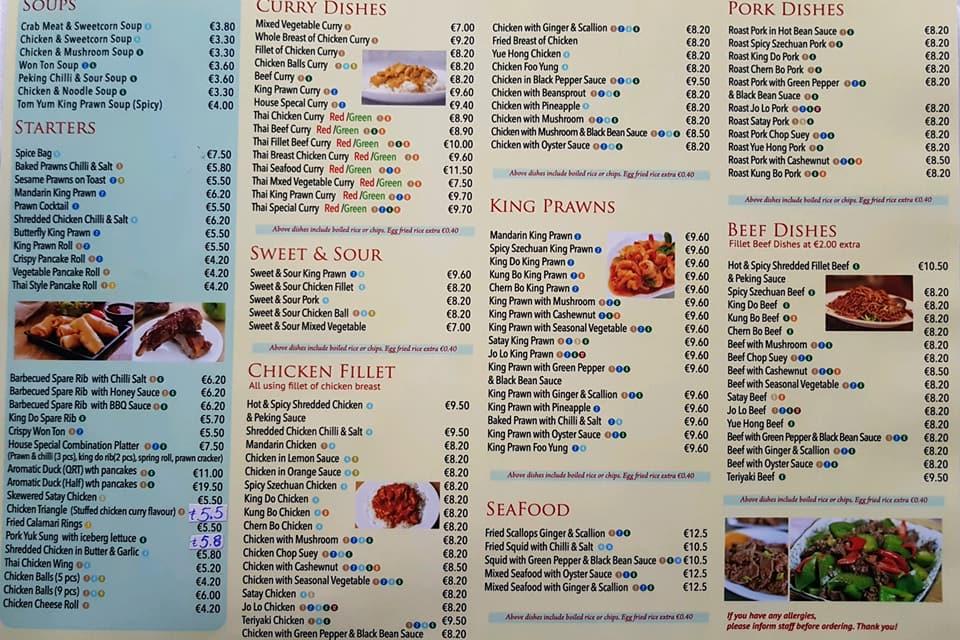 Menu at Mandarin Castle fast food, Dublin