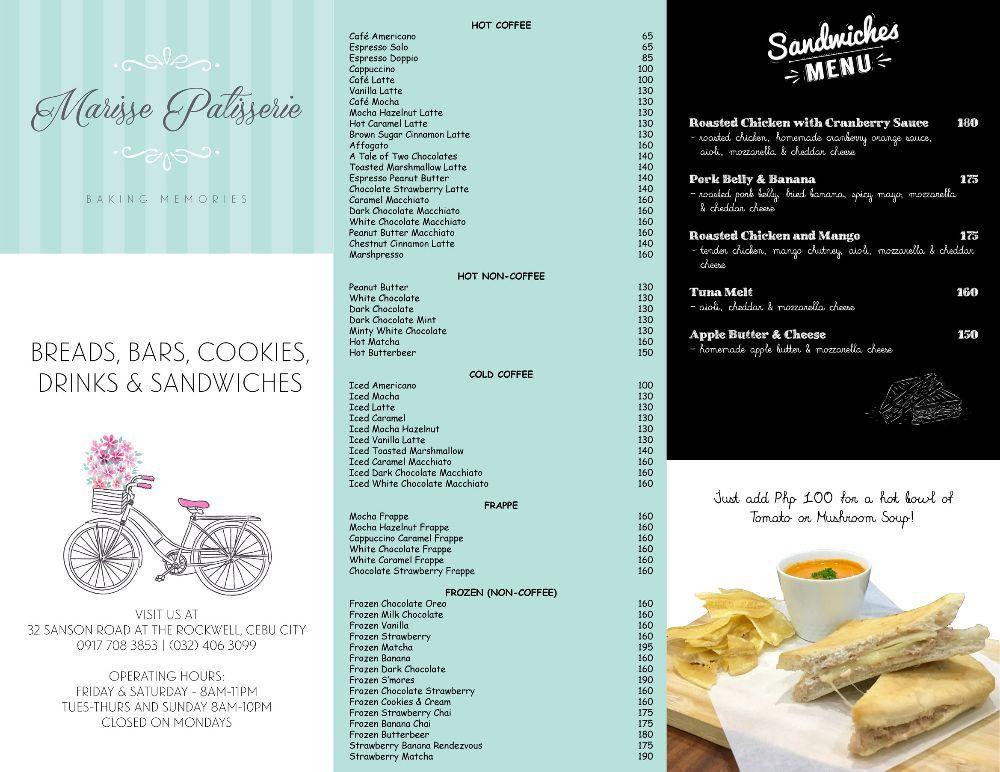 Carta del café Marisse Patisserie, Cebú
