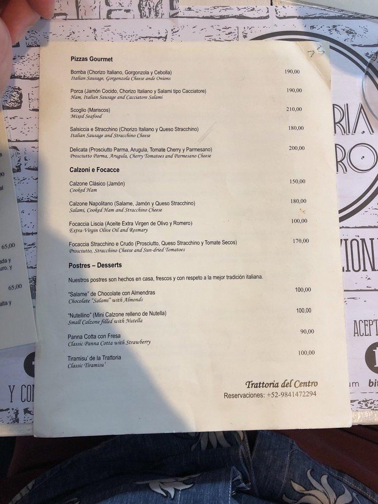 Menu at Trattoria del Centro restaurant, Playa del Carmen