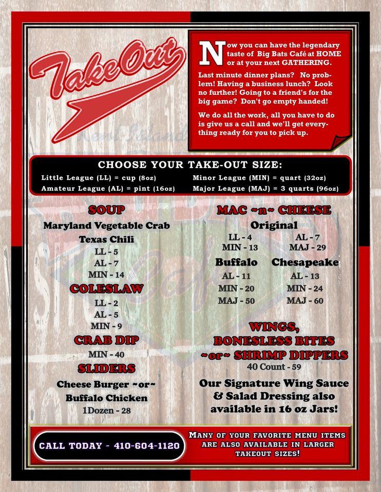 Menu at BIG BATS CAFE, Stevensville