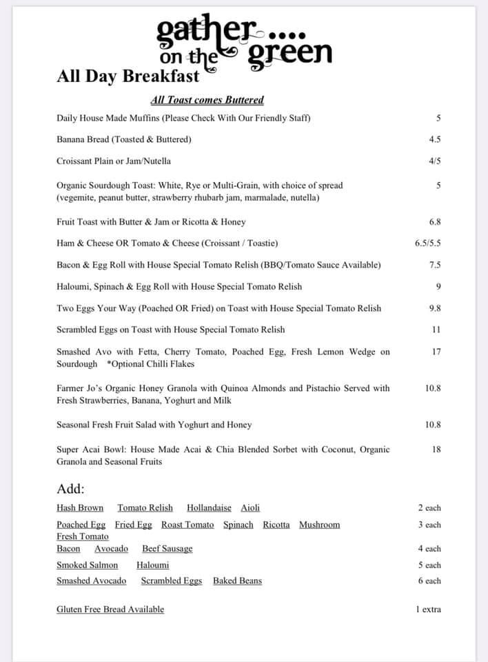 Menu at Gather On The Green restaurant, Camperdown