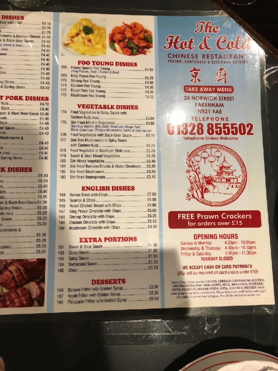 Menu at The Hot & Cold Chinese Restaurant, Fakenham