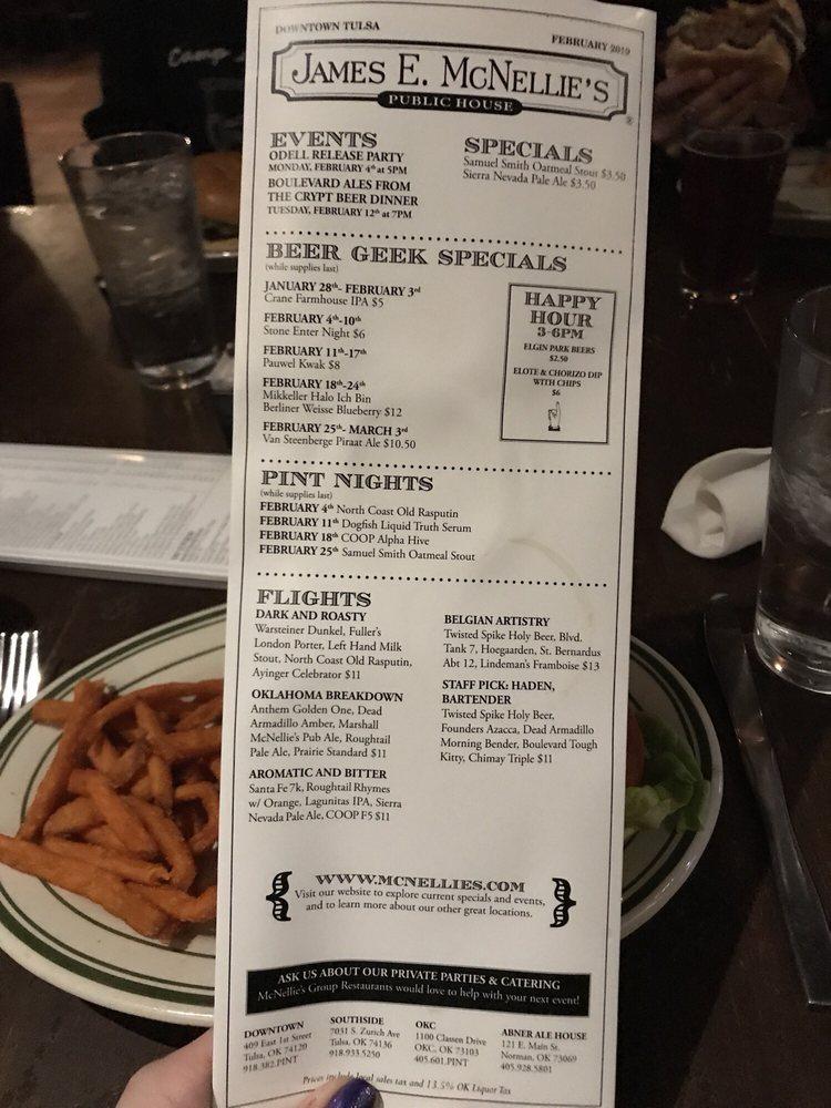 Menu at McNellie's pub & bar, Tulsa