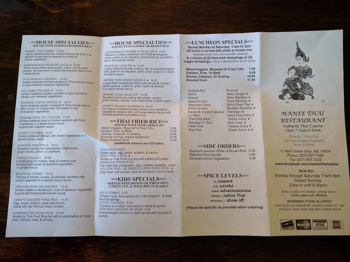 Menu at Manee Thai restaurant, Gray