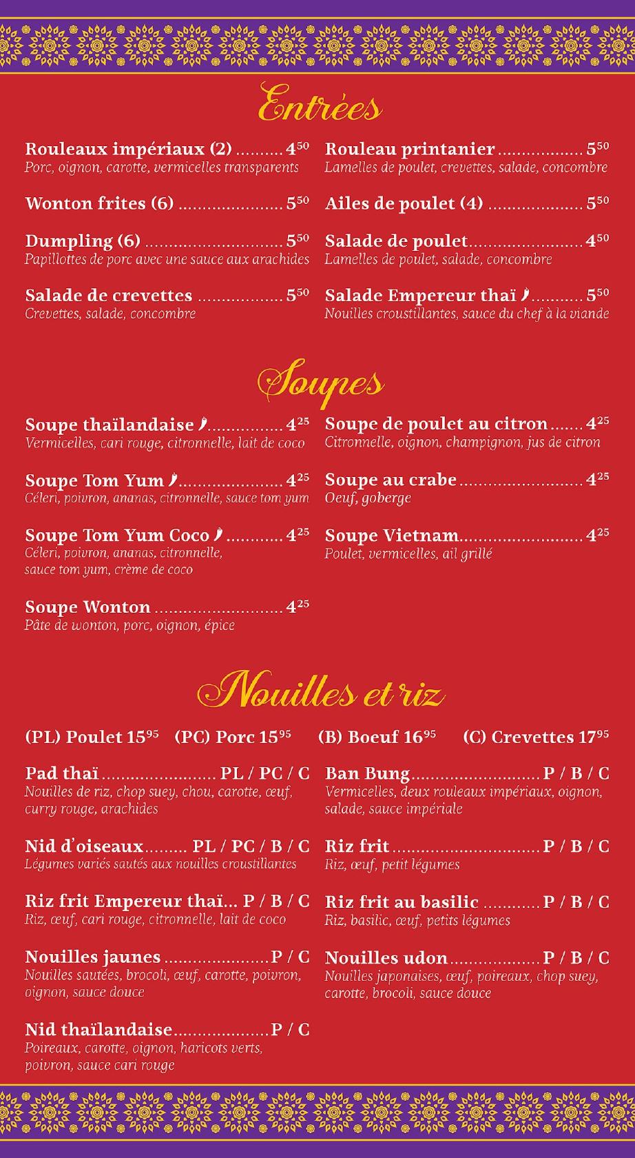 Menu au Restaurant Thaï Empereur, Repentigny