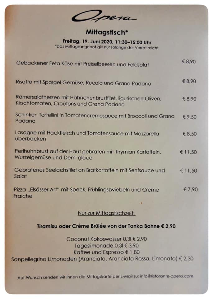 Menu at Ristorante Opera restaurant, Hamburg