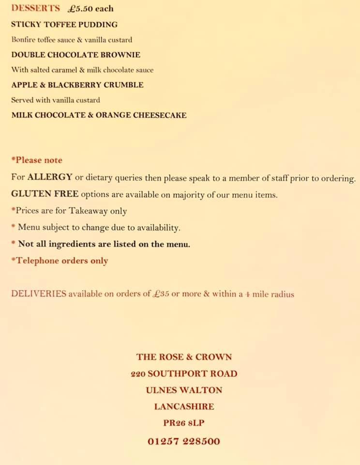 Menu at The Rose & Crown pub & bar, Leyland, 220 Southport Rd