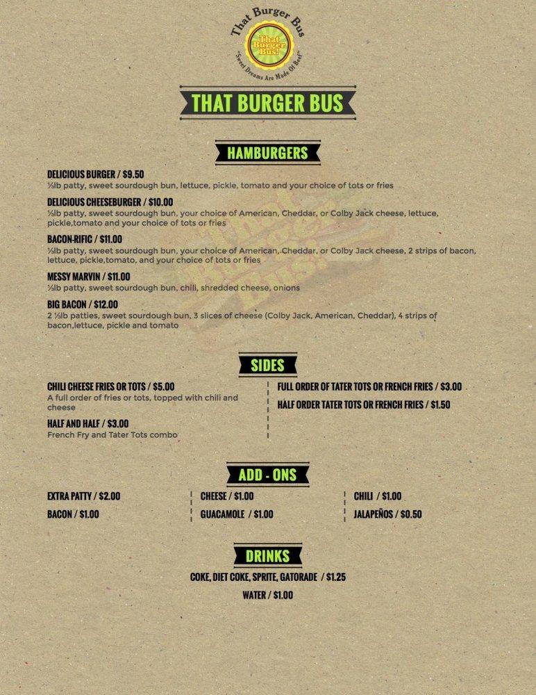 Menu at That Burger Bus, San Antonio, South Side