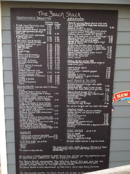 Menu at The Beach Shack cafe, Sandown