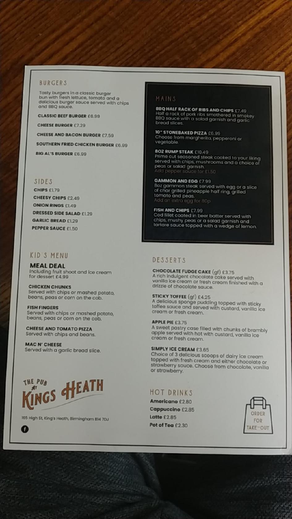 Carta de The Pub at Kings Heath, Birmingham