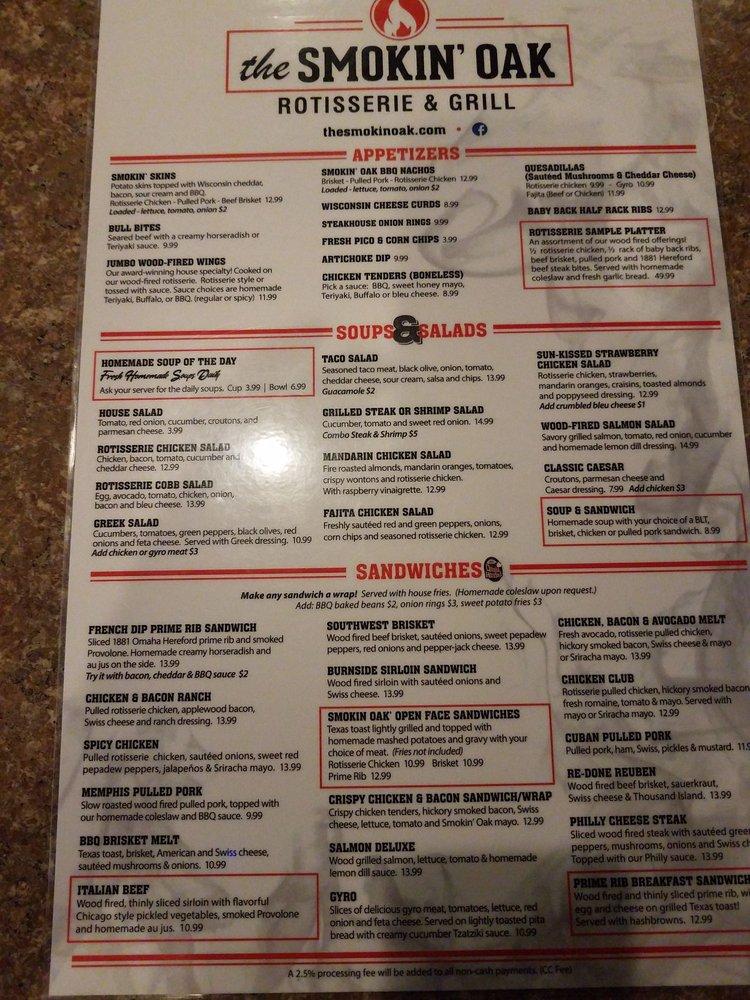 Menu at The Smokin' Oak Rotisserie & Grill restaurant, Red Wing