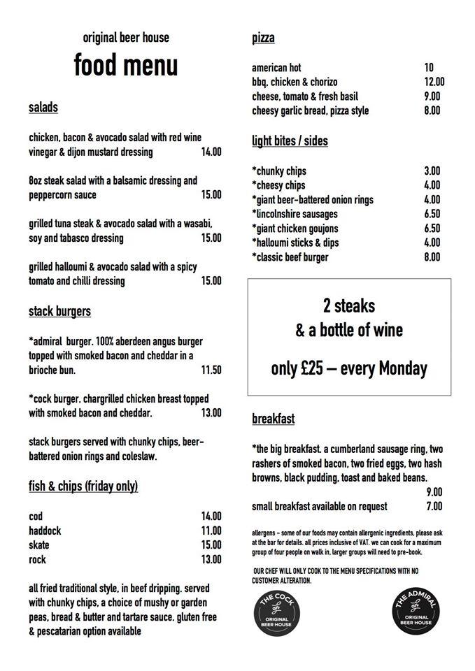 Menu at The Admiral pub & bar, Shefford