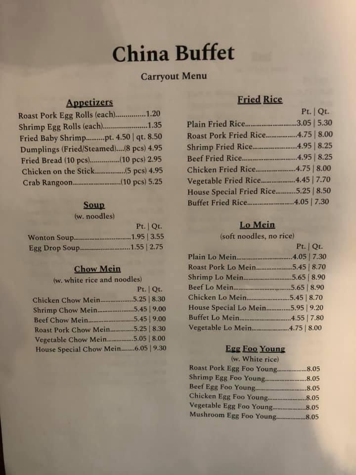 Menu at China Buffet restaurant, Ripley