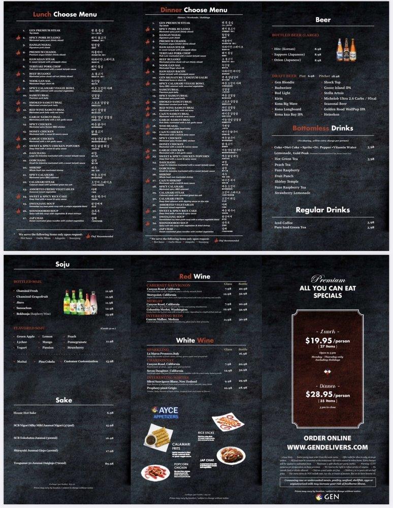 Menu at Gen Korean BBQ House, Honolulu