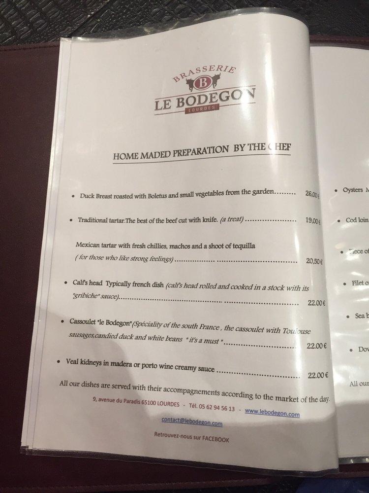 Menu at Le Bodegon steakhouse, Lourdes