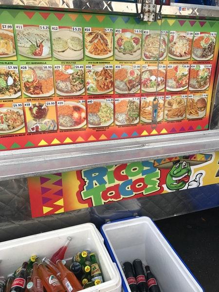 Menu at Ricos Tacos restaurant, Tacoma, Center St