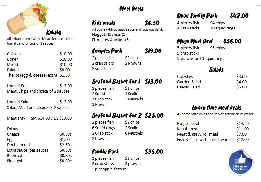 Menu at Singleton Takeaways restaurant, Singleton