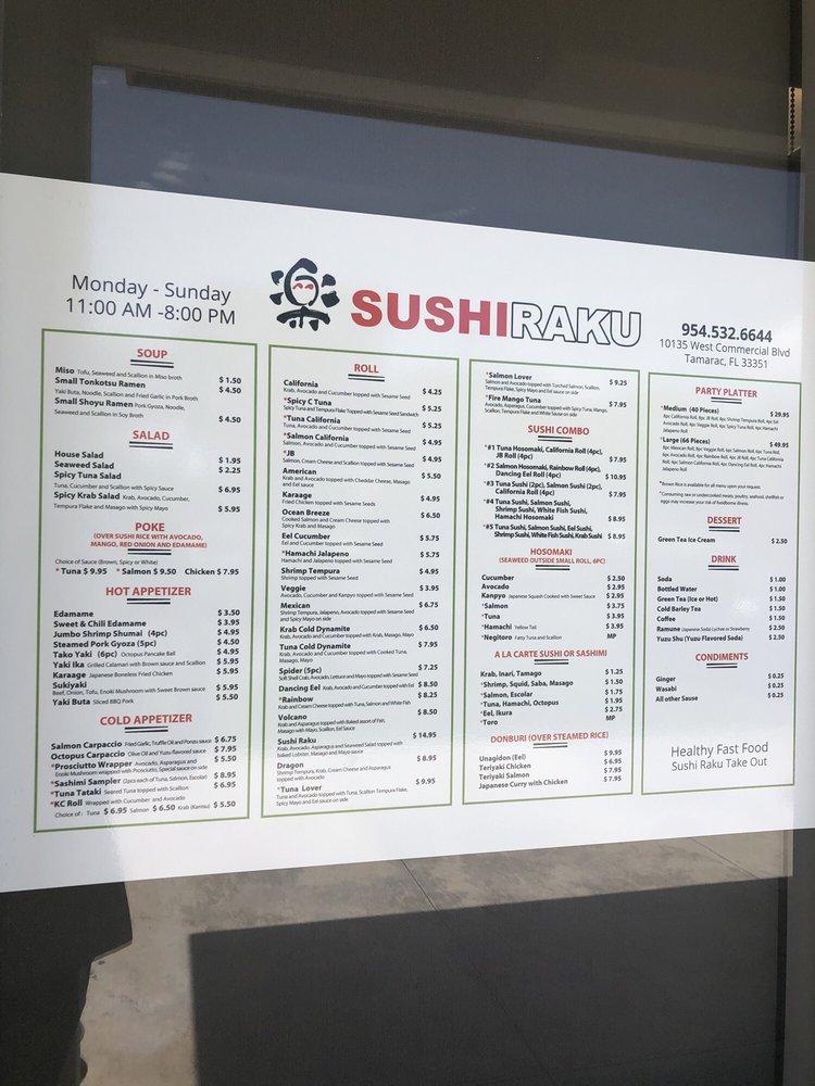 Menu at Sushi Raku restaurant, Tamarac