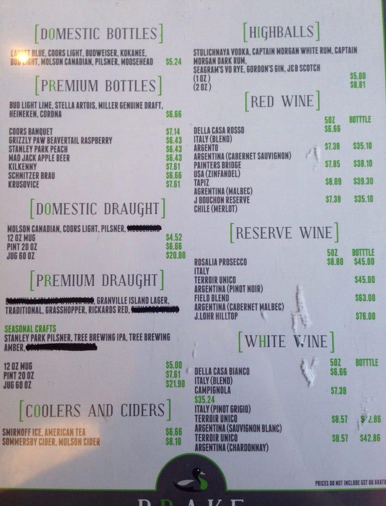 Menu at The Drake Pub, Canmore