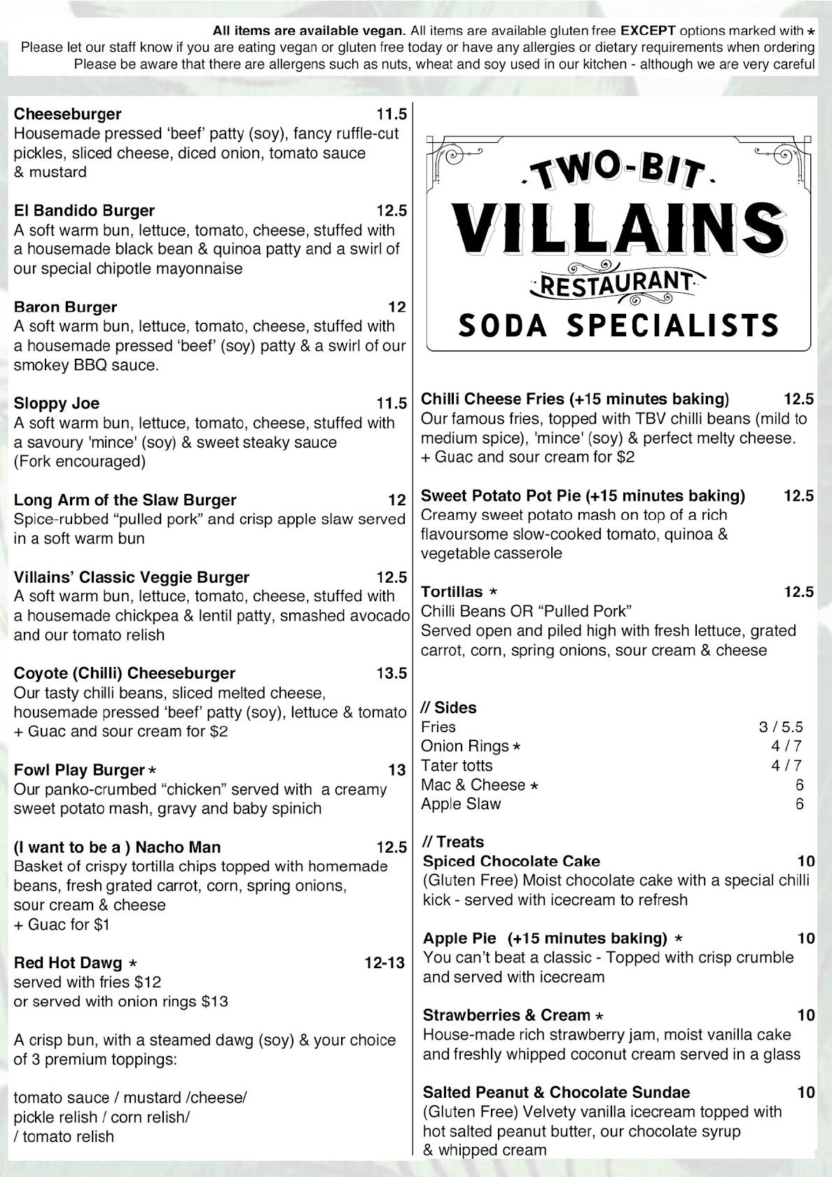 Menu at Two-Bit Villains restaurant, Adelaide