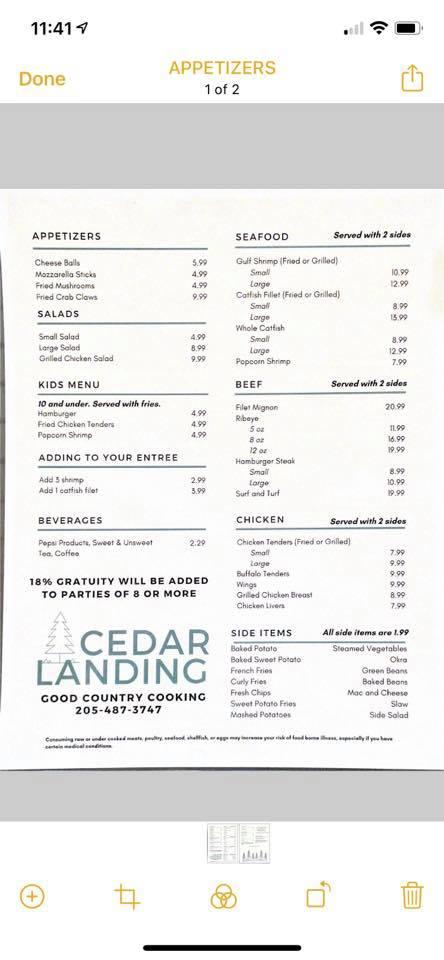 Menu at Cedar Landing restaurant, Winfield