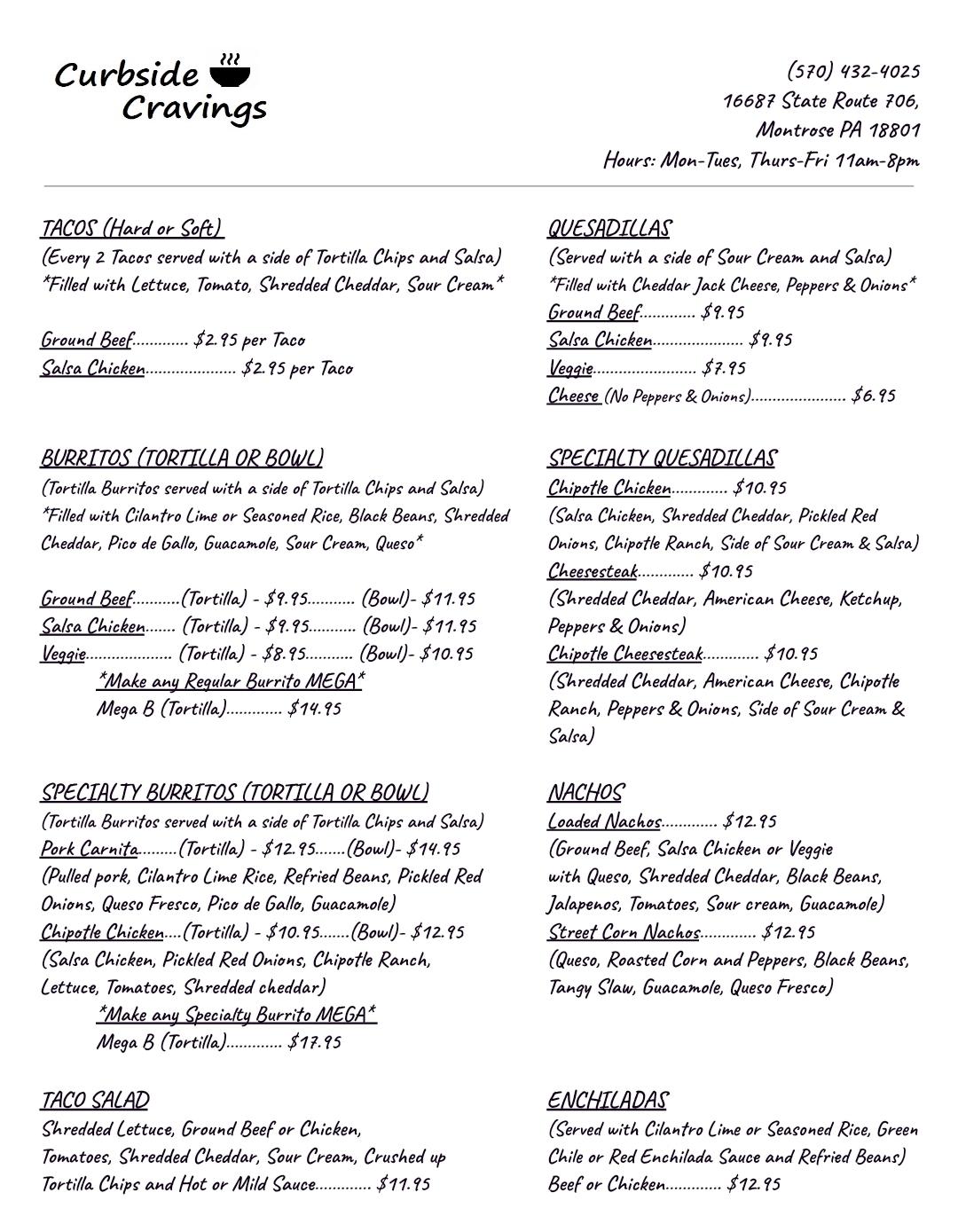 Menu at Curbside Cravings restaurant, Montrose