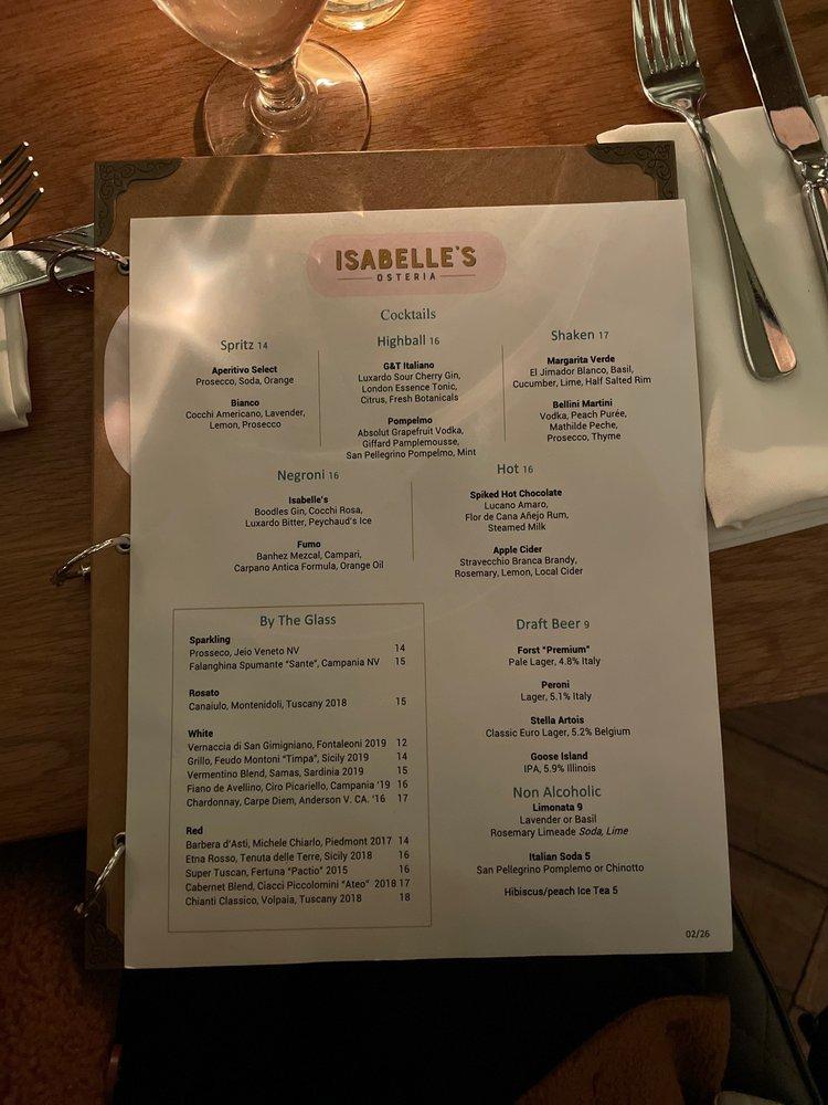 Menu at Isabelle's Osteria restaurant, New York City
