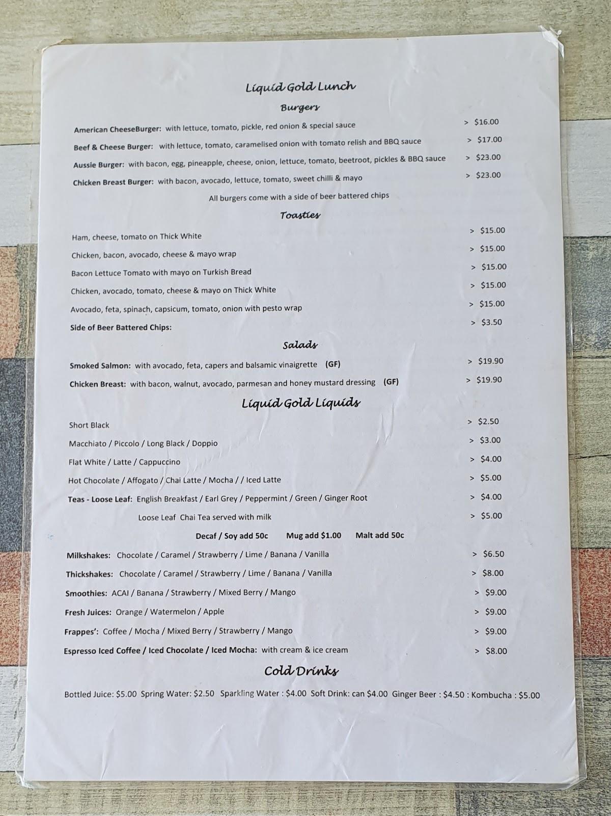 Menu at Liquid Gold Beach Cafe, Newcastle