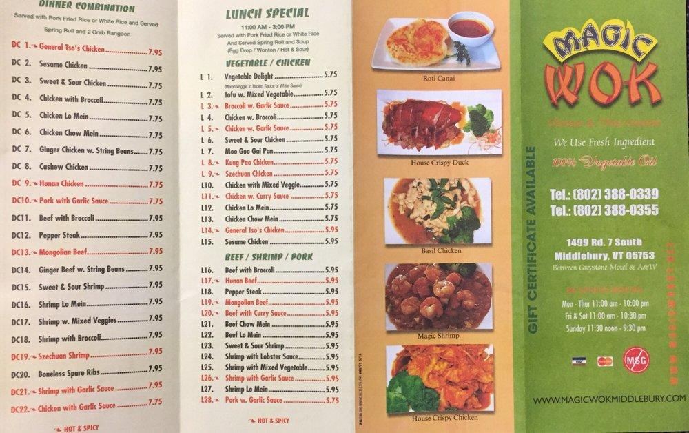 Menu at Magic Wok restaurant, Middlebury