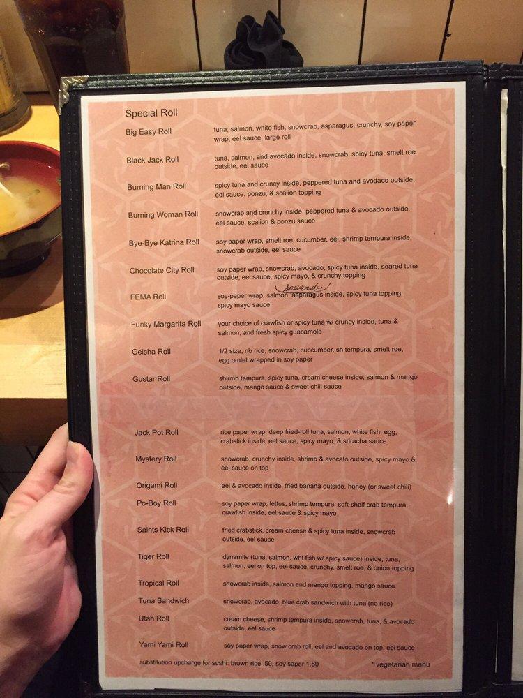 Carta de Origami Restaurant, Nueva Orleans