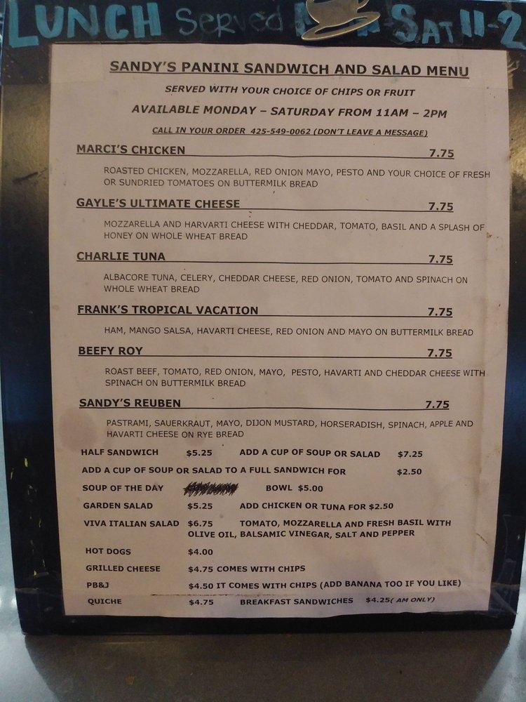 Menu at Sandy's Espresso cafe, Carnation