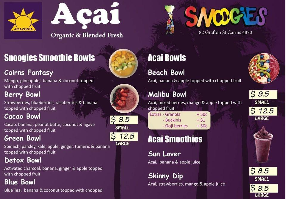 Menu at Snoogies restaurant, Cairns, Main Arcade