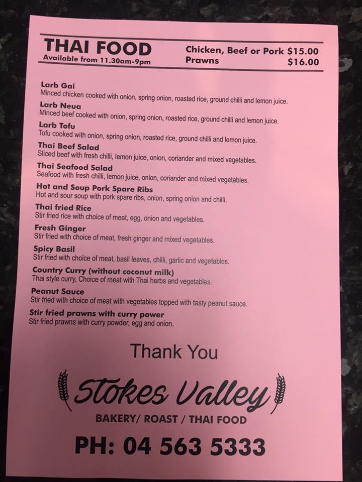 Menu at Stokes valley Bakery Thai Food, Wellington