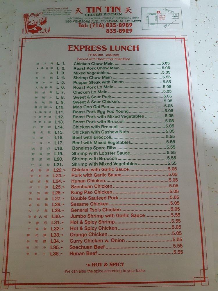Menu at Tin Tin restaurant, Buffalo