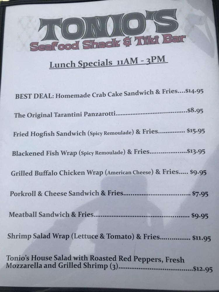 Menu at Tonio's Seafood Shack & Tiki Bar, Summerland Key