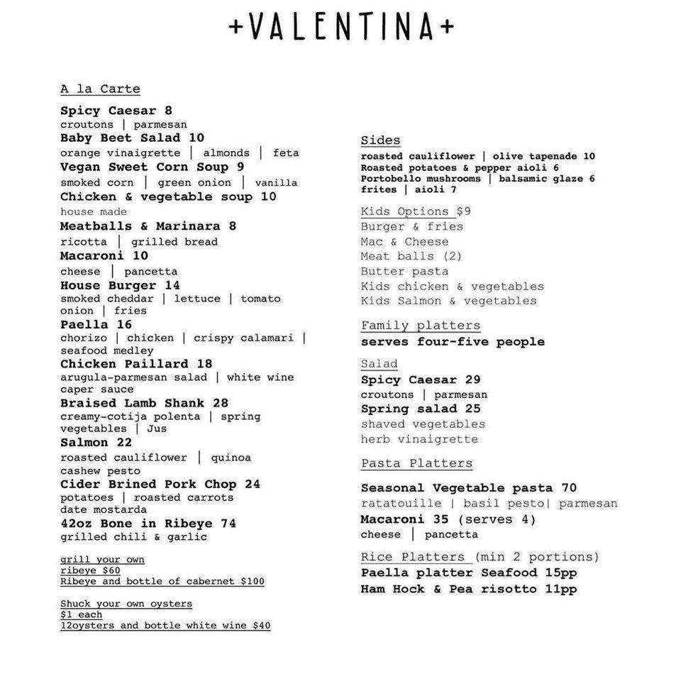 Menu at Valentina Restaurant, Encinitas