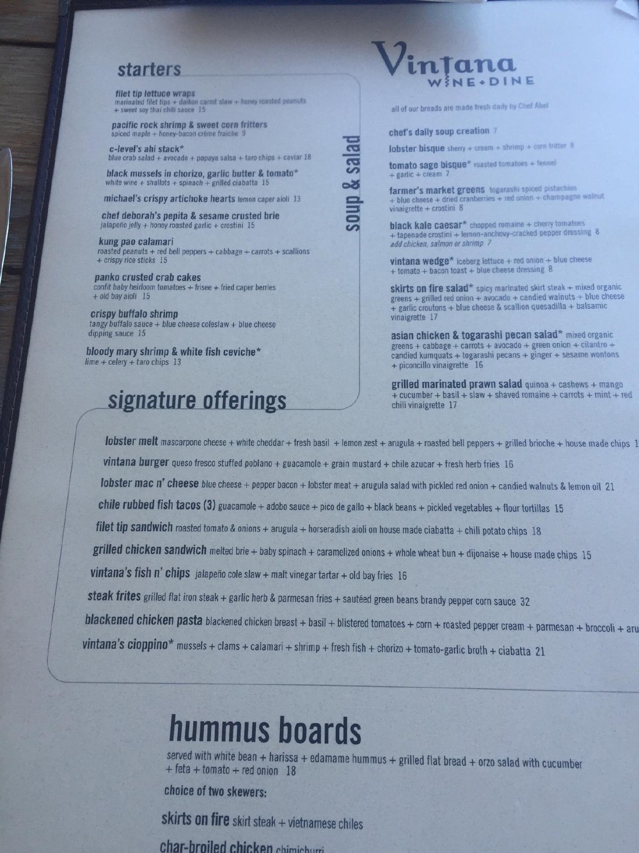 Menu at Vintana Wine + Dine pub & bar, Escondido