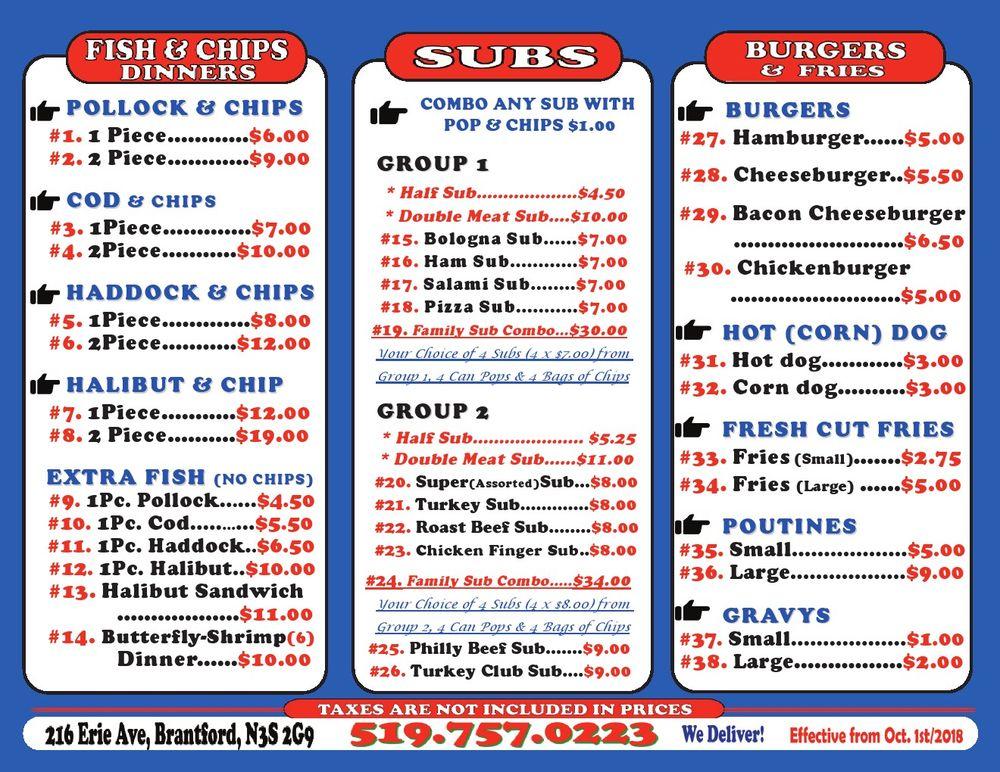 Menu at Archie's Fish and Chips restaurant, Brantford
