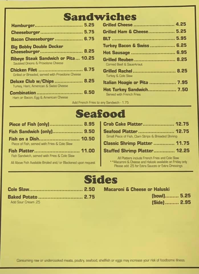 Menu at Bobby's Lounge pub & bar, Pittsburgh, Saw Mill Run Blvd