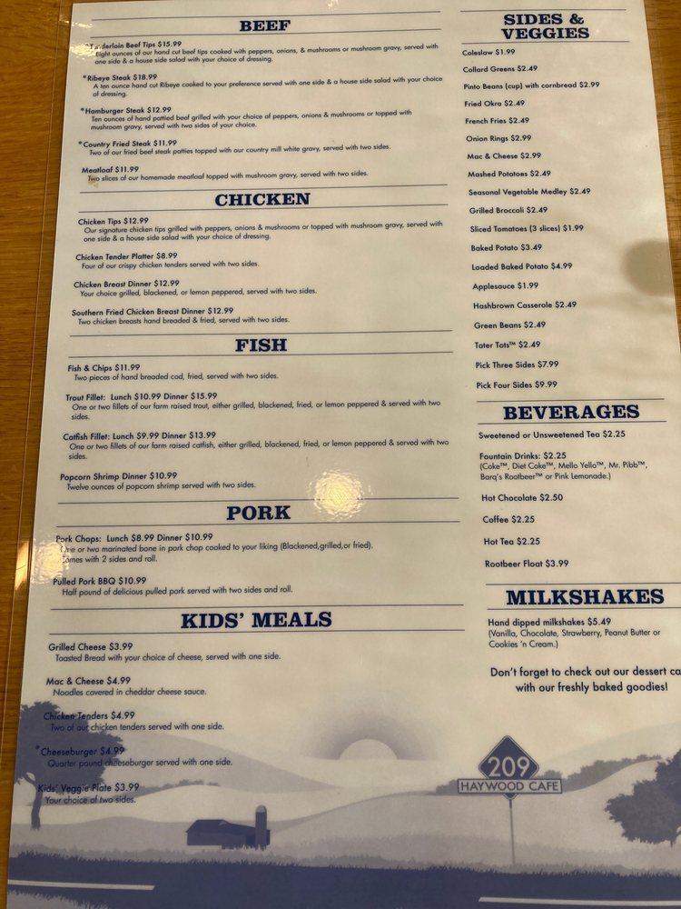 Menu at Haywood 209 Cafe, Waynesville