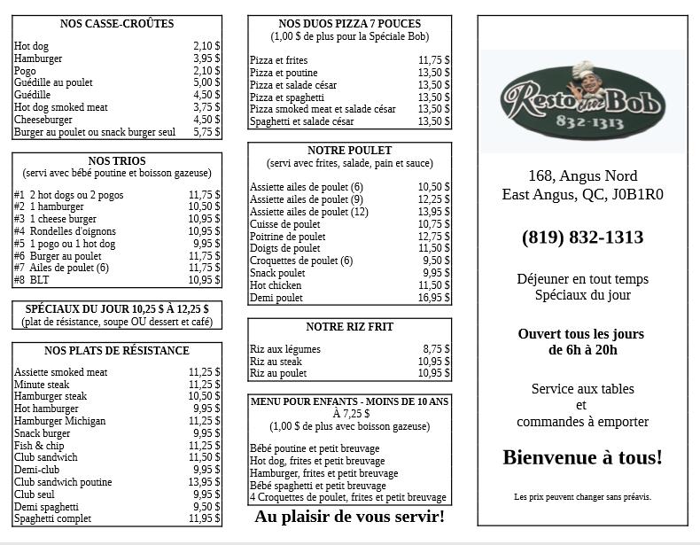 Menu au Resto Chez Bob restaurant, East Angus