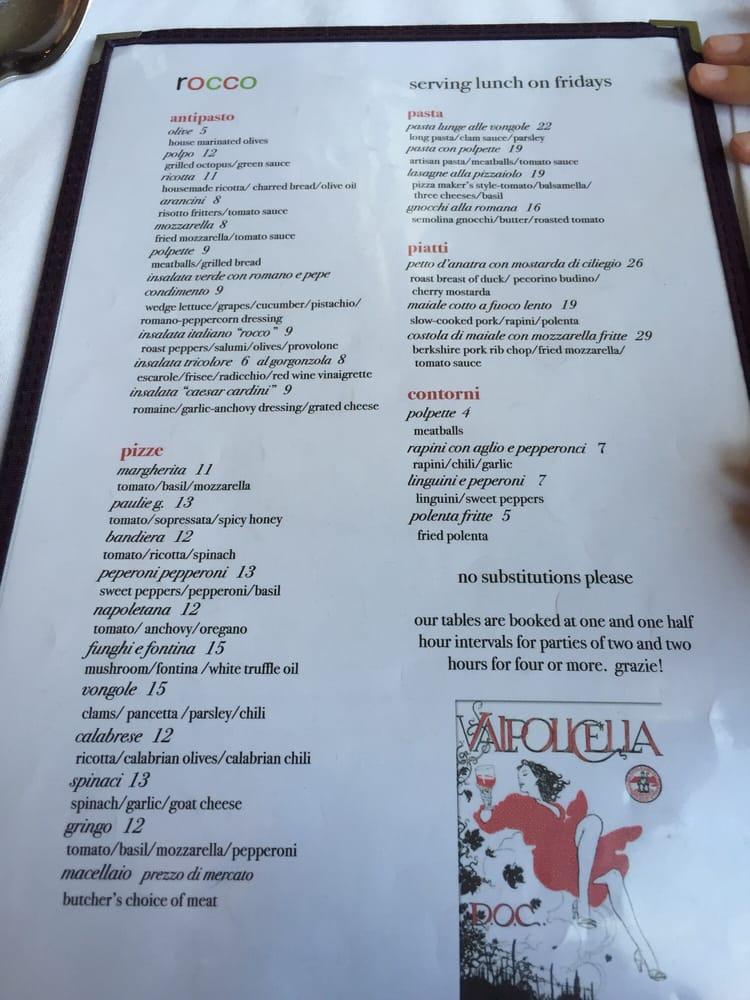 Menu at Rocco pizzeria, Rochester