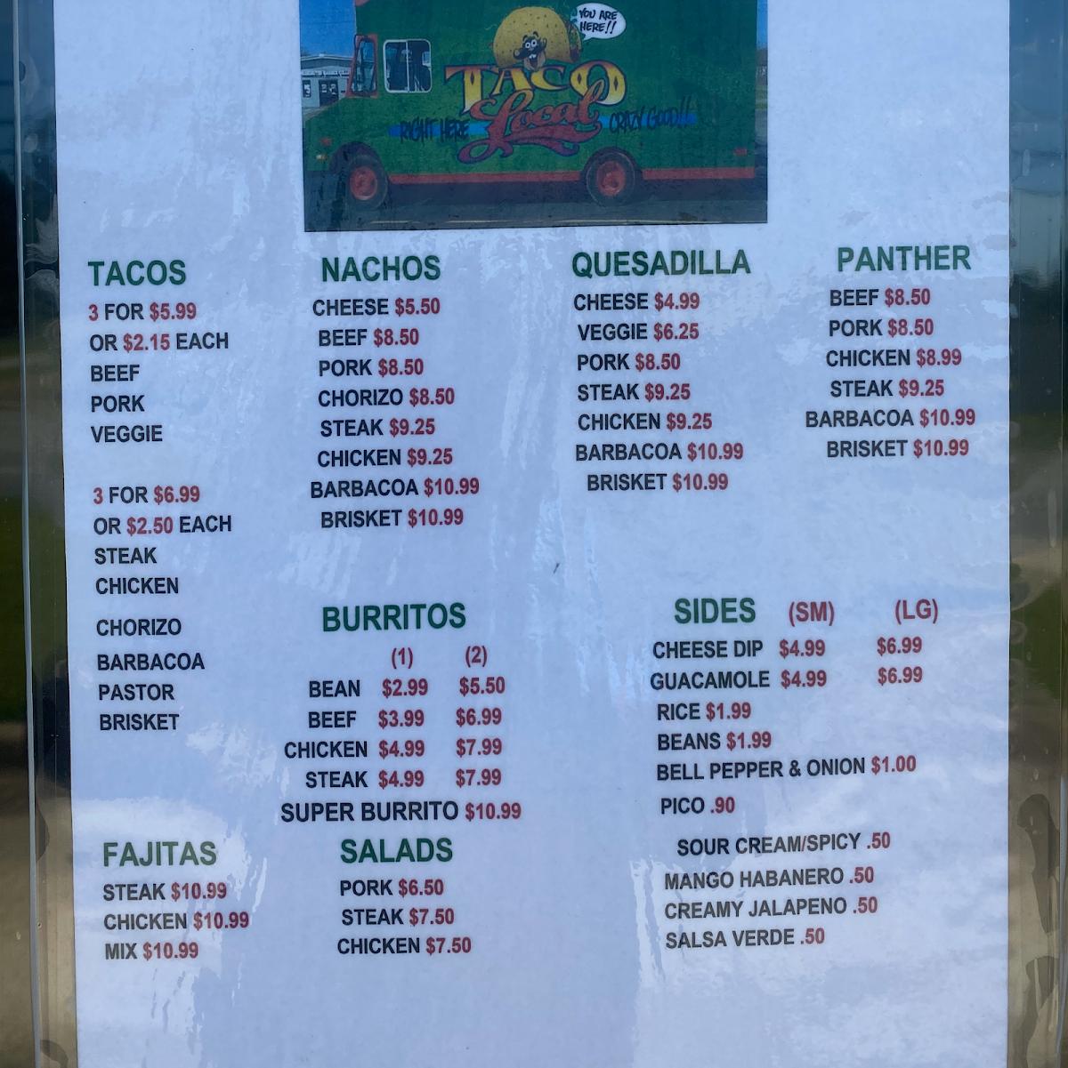 Menu at Taco Local restaurant, Greenbrier
