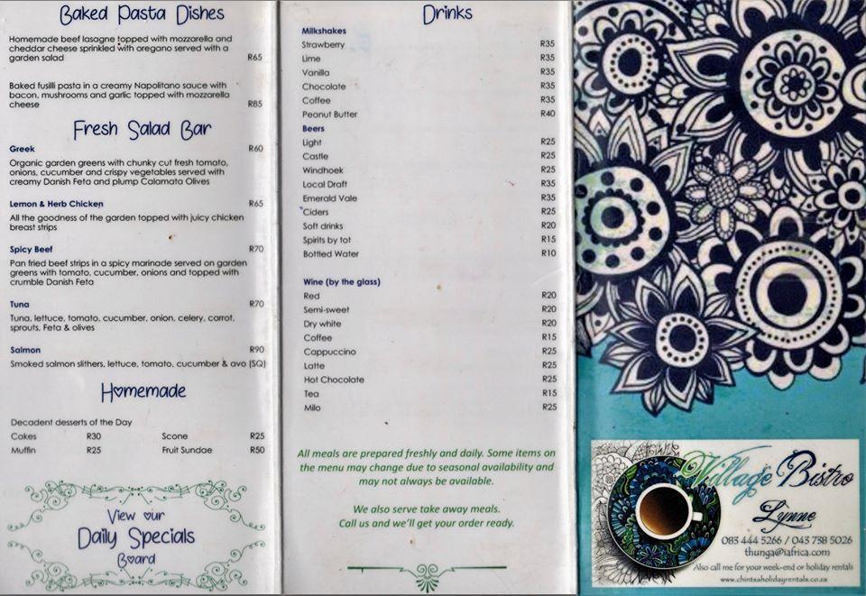 Menu at Village Bistro cafe, Amatola Coastal