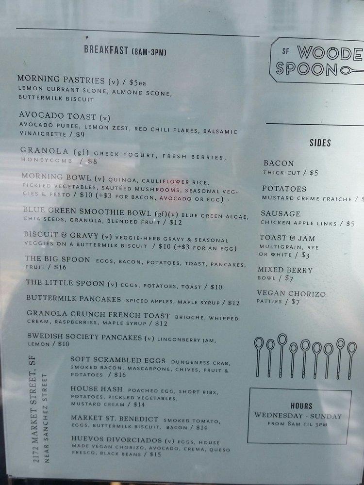 Menu at Wooden Spoon restaurant, San Francisco