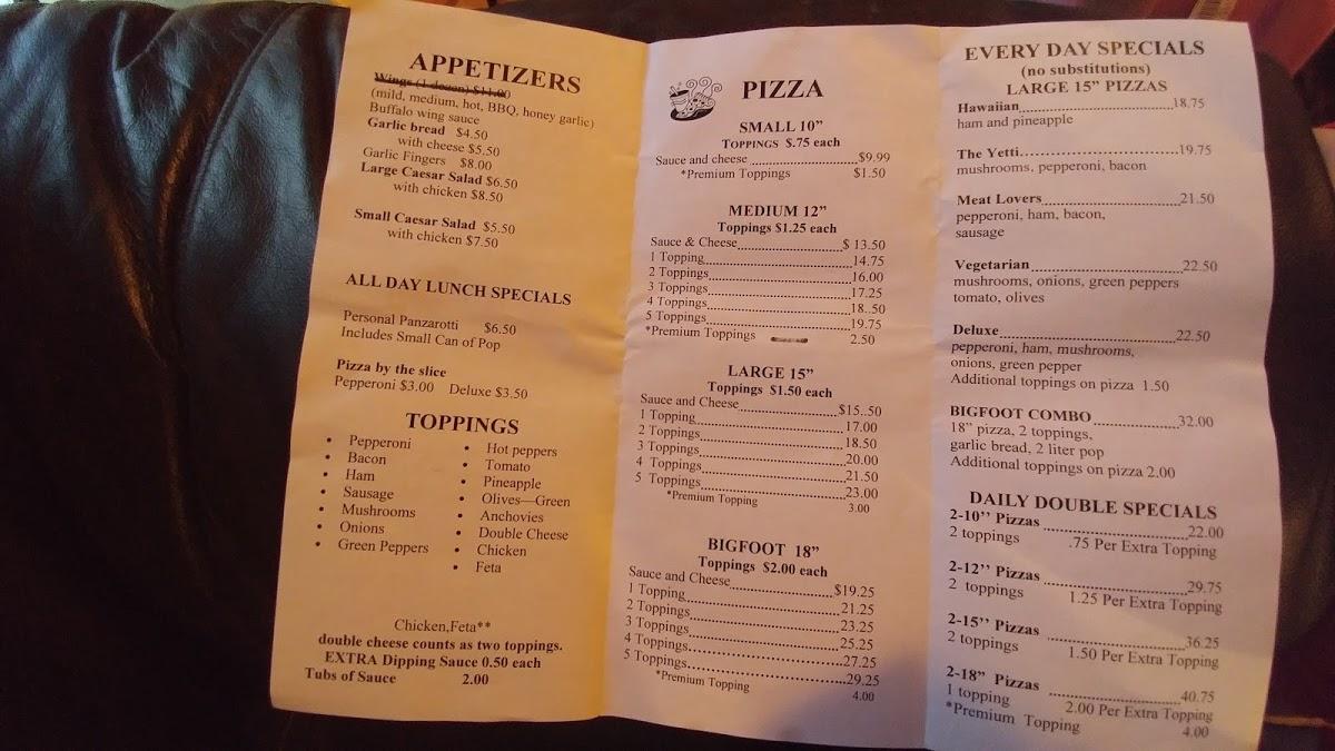 Menu at Yetti's Pizza inc. pizzeria, Burk's Falls, 51 Commercial Dr