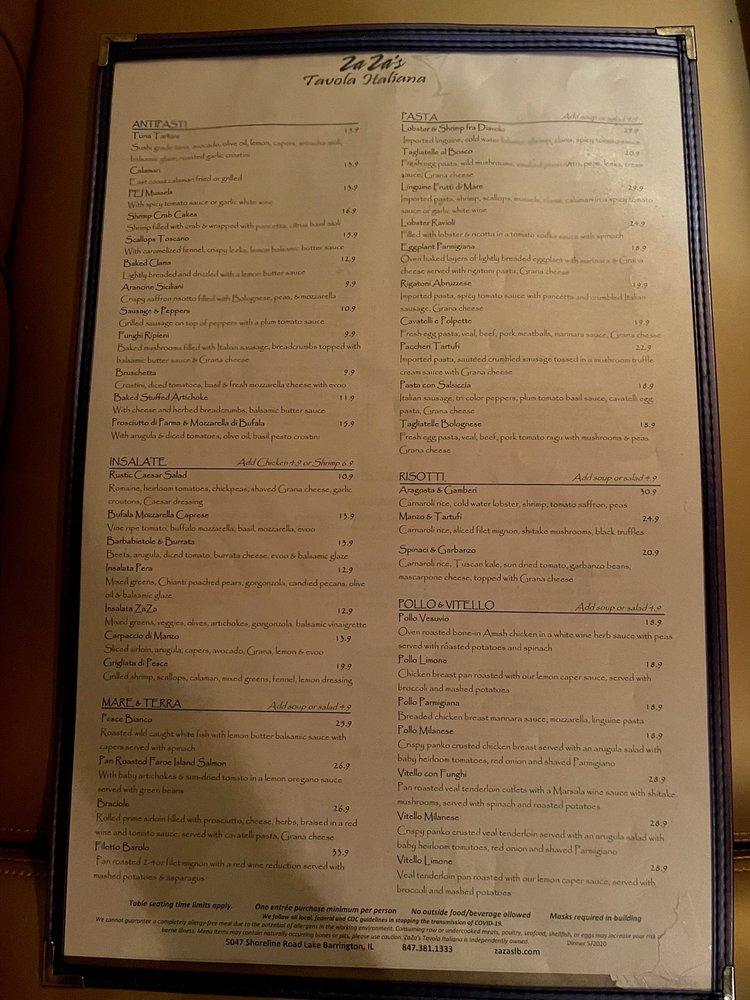 Menu at Za Za's Tavola Italiana pub & bar, Lake Barrington