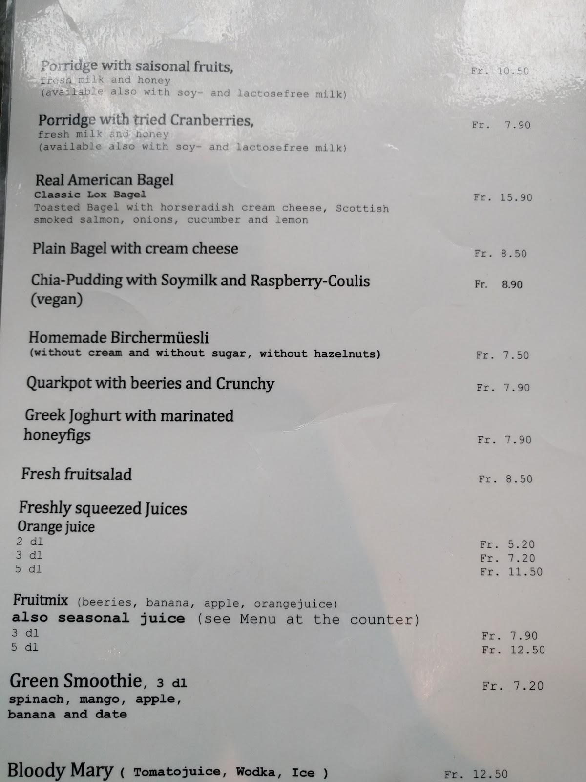 Menu at Babu's, Zürich, Löwenstrasse 1